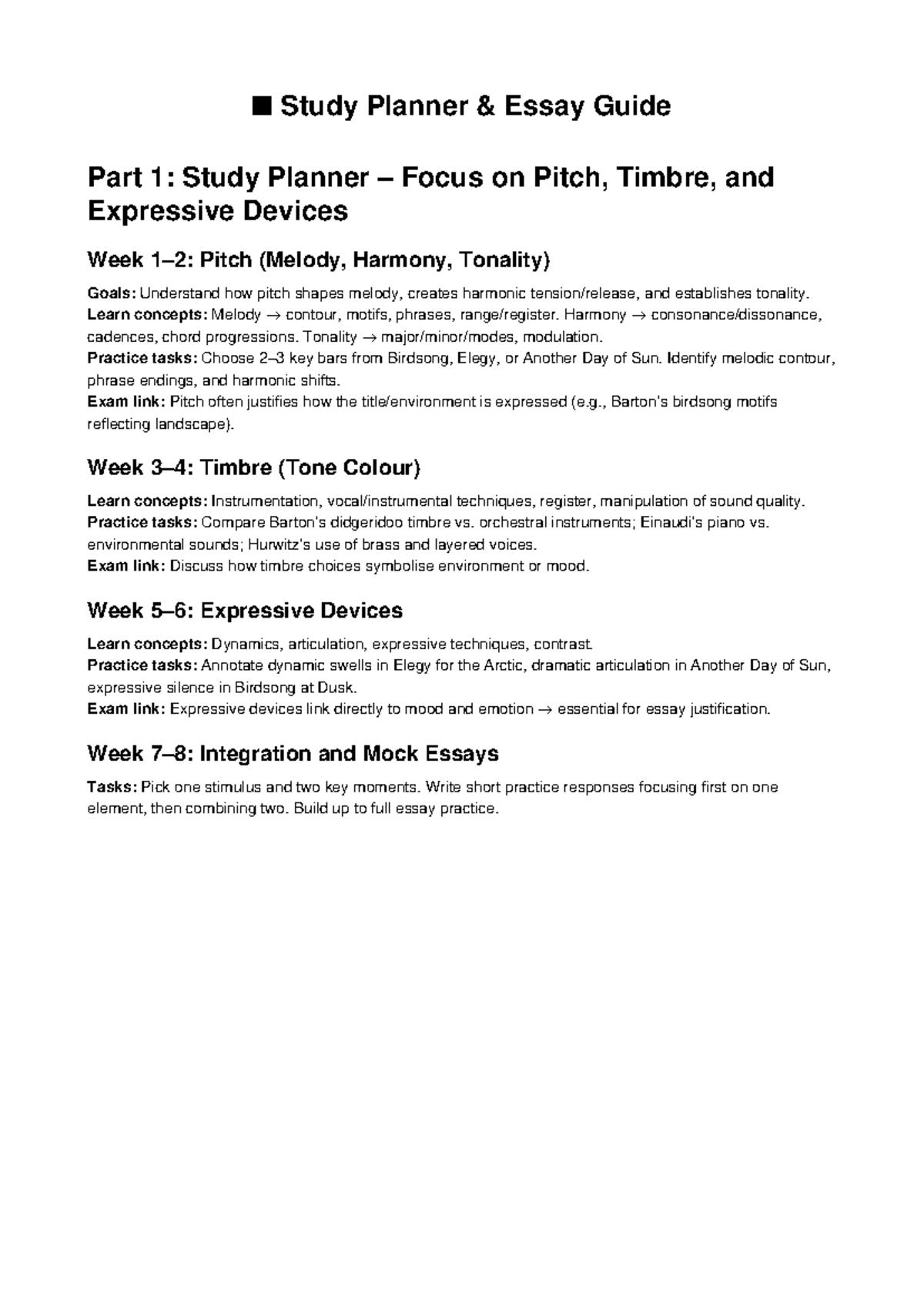 Music Study Planner: Essay Guide on Pitch, Timbre & Expressive Devices ...