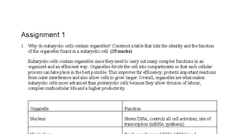 Assignment 1 - Eukaryotic Cell Organelles and Functions (Cell Bio) - Studocu