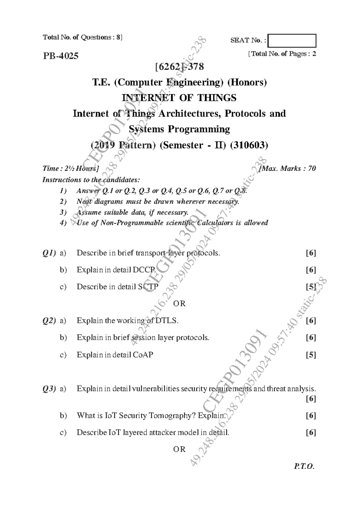 IoT Architectures & Security - T.E. (CE) (310603) Exam Prep - Studocu