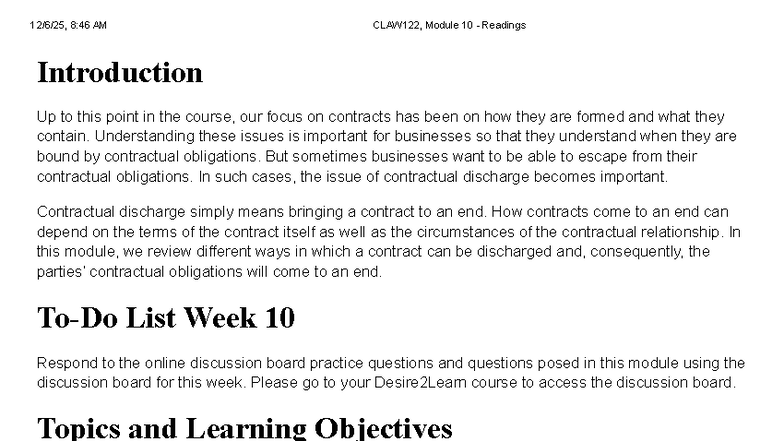 CLAW122 Module 10: Understanding Contractual Discharge Methods - Studocu