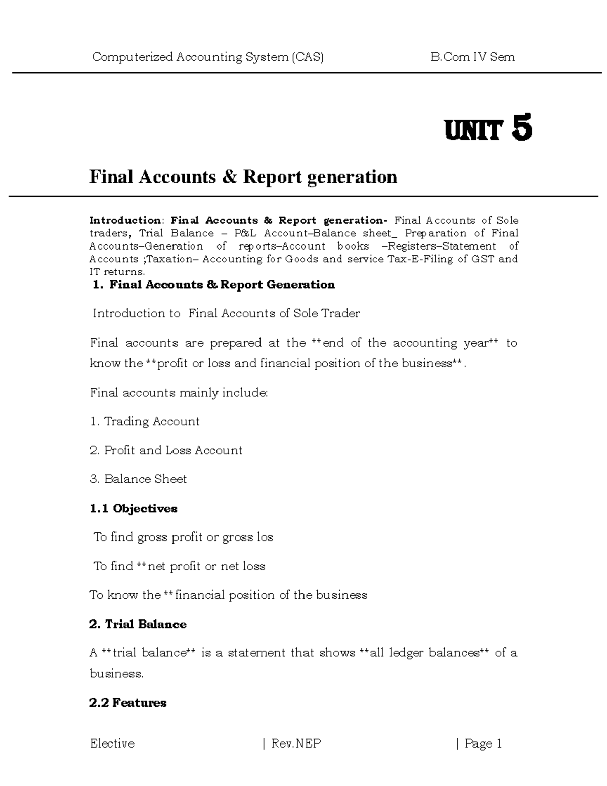 Computerized Accounting System (CAS) B.Com IV Sem Unit 5 Final Accounts ...