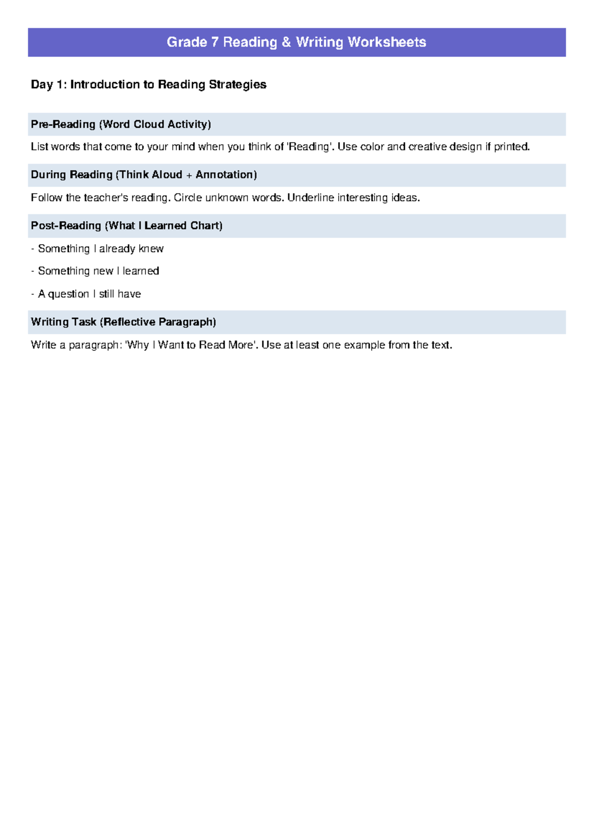 Grade 7 Reading Strategies Worksheet: Day 1 Activities & Tasks - Studocu