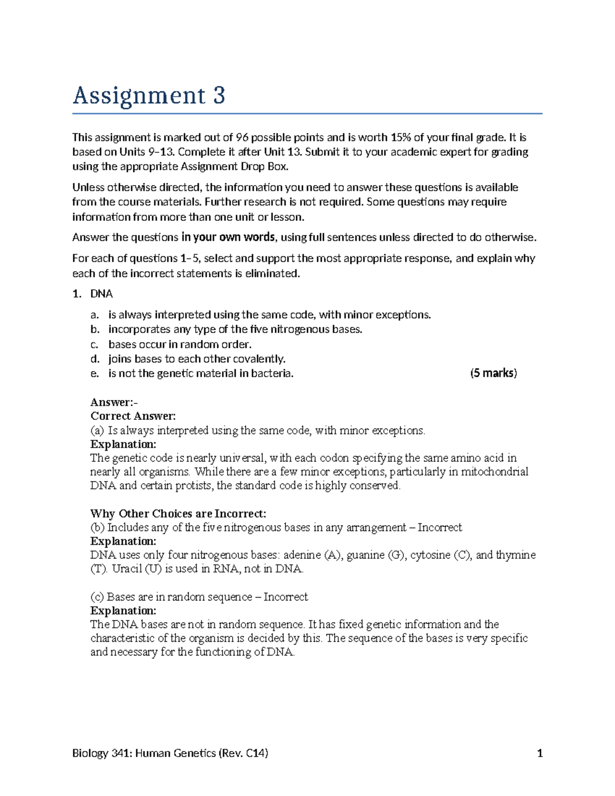 Biology 341: Human Genetics - Assignment 3 Overview and Analysis - Studocu