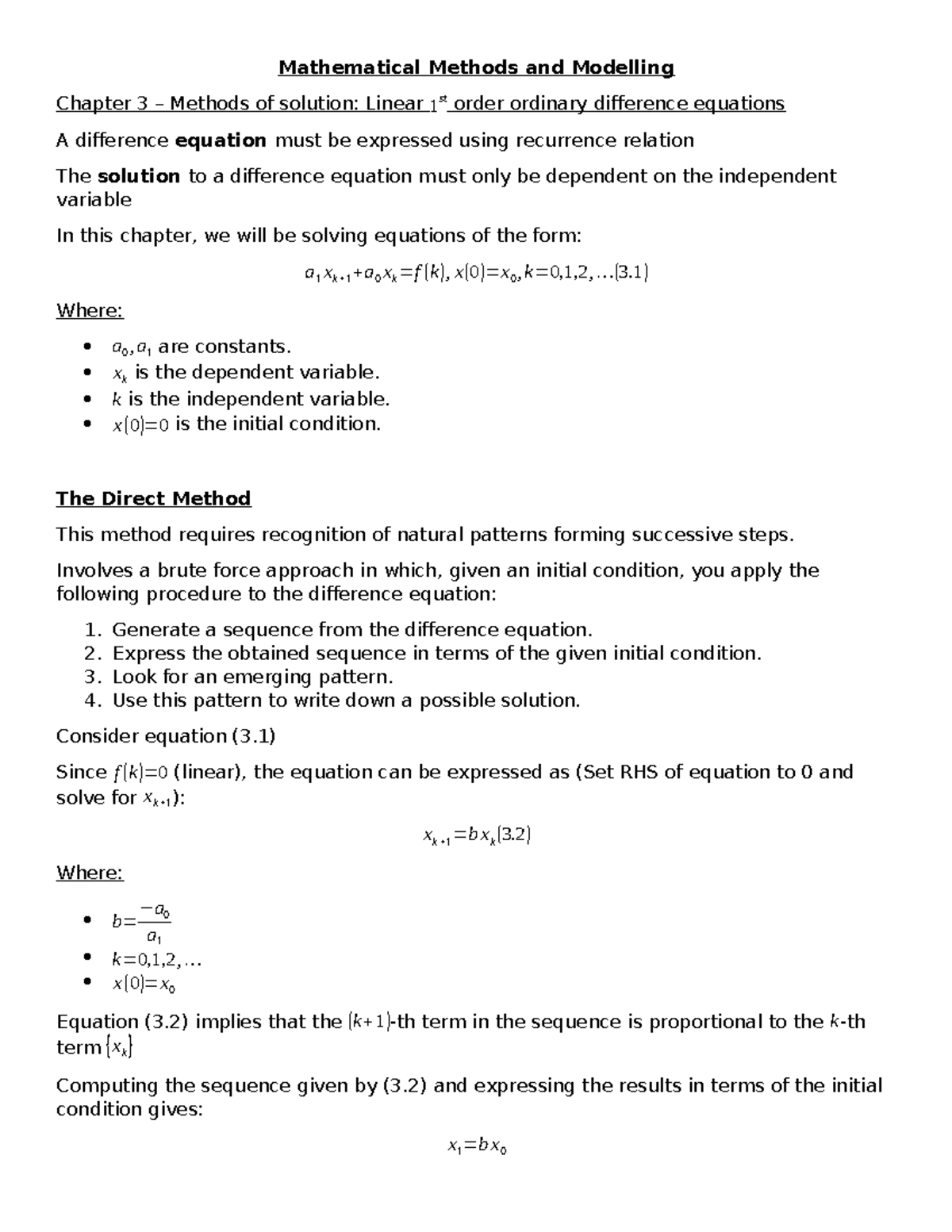 Mathematical Methods & Modelling (MATH 101) Chapter 3: Linear ...