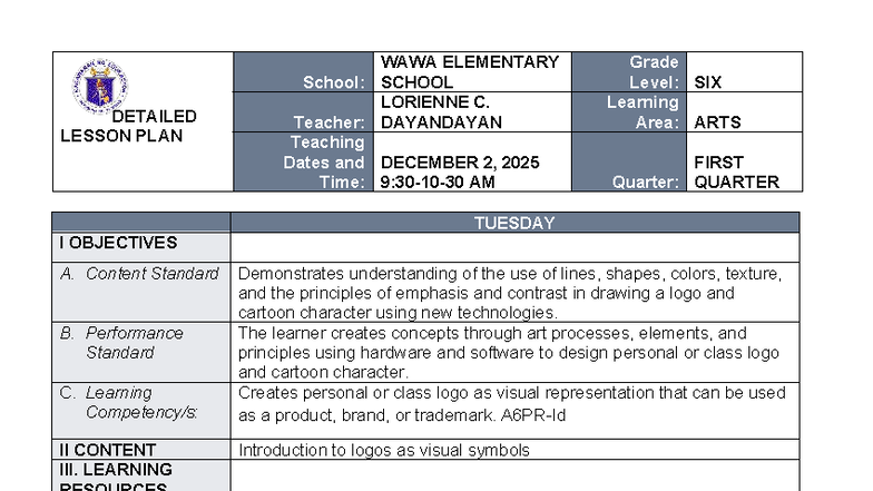 DLP-ARTS: Detailed Lesson Plan for Logo Design at Wawa Elementary - Studocu