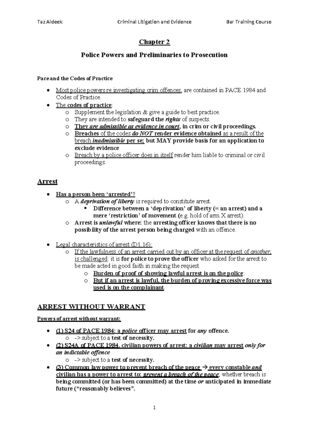 Criminal Litigation & Evidence (CL3005): Police Powers & Arrest ...