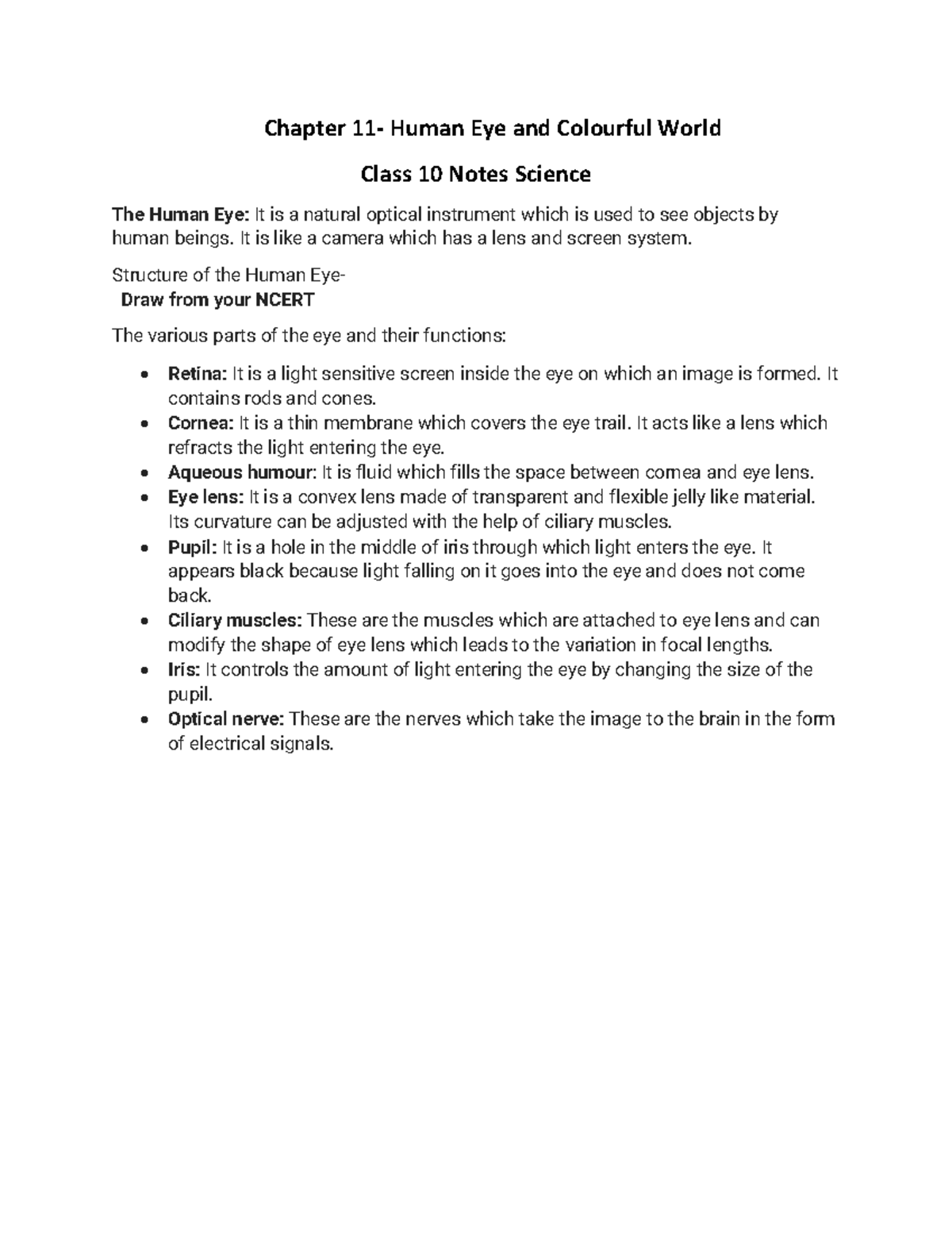 Chapter 11: Human Eye & Colourful World Class 10 Science Notes - Studocu