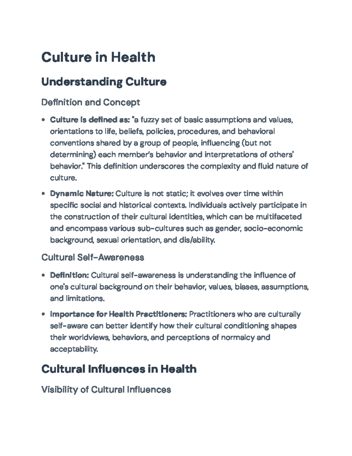 Cultural Influences on Health: Self-Awareness & Understanding in ...