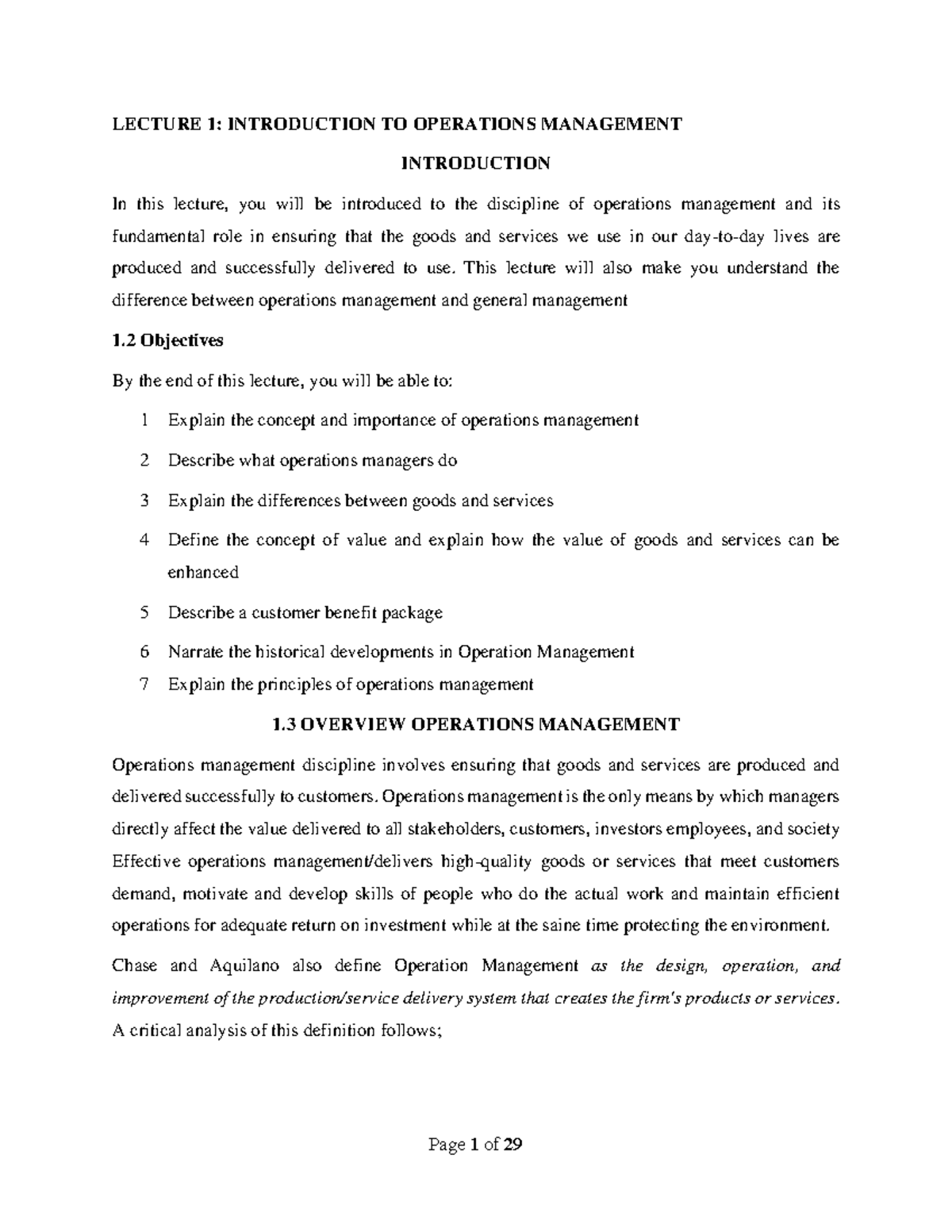 Lecture 1 Concept of operations Management notes - LECTURE 1 ...