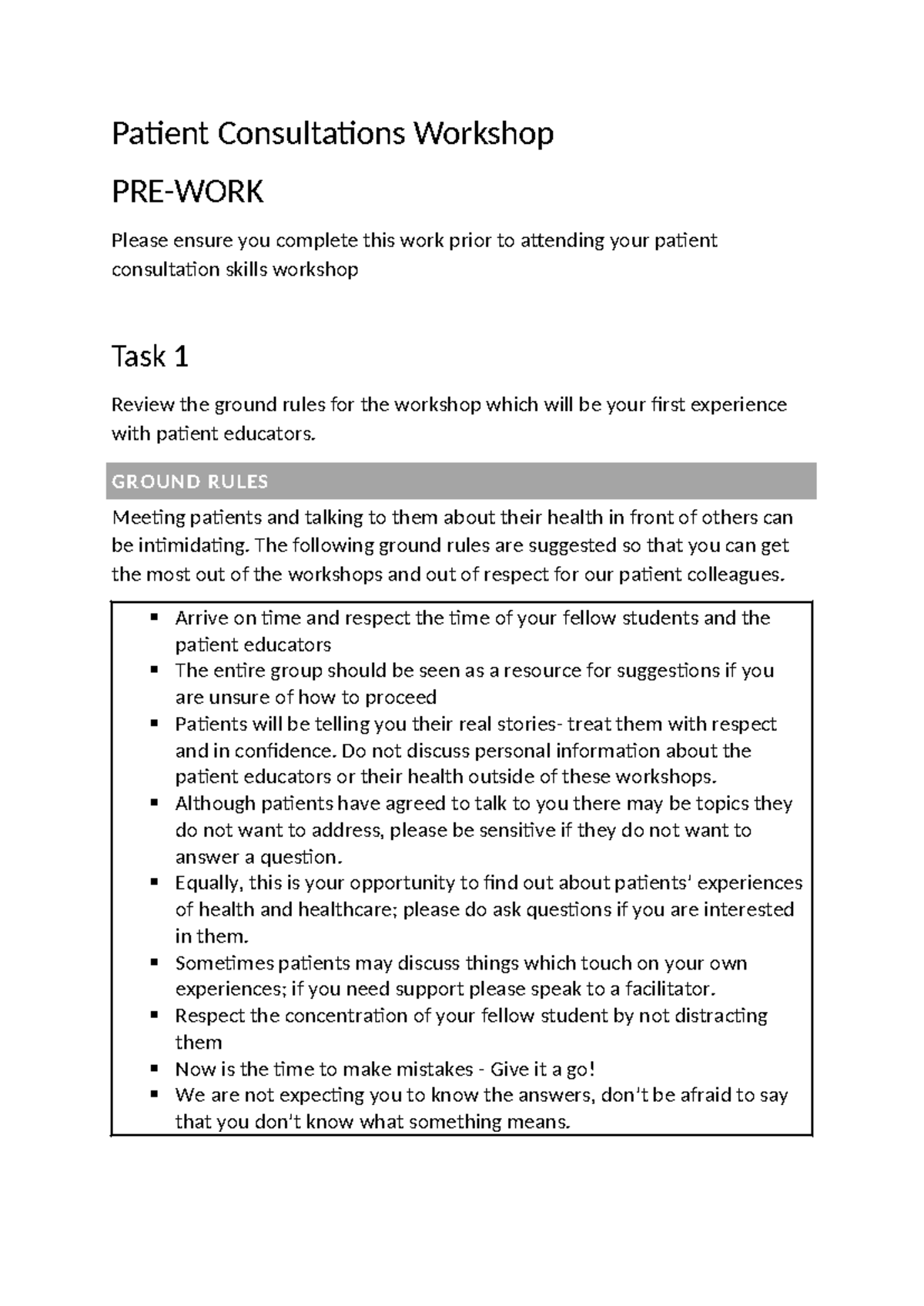 Patient Consultation Workshop: Pre-Work Guidelines and Tips - Studocu