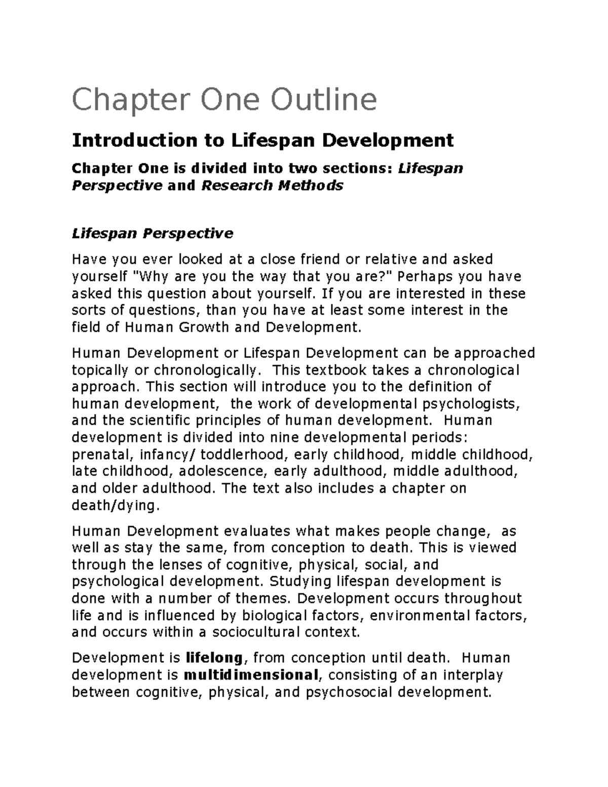 D6 - Chapter 1 Outline: Introduction to Lifespan Development - Studocu