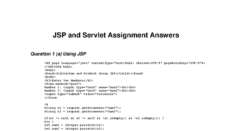 JSP & Servlet Assignment Answers: Q1 & Q2 Solutions - Studocu