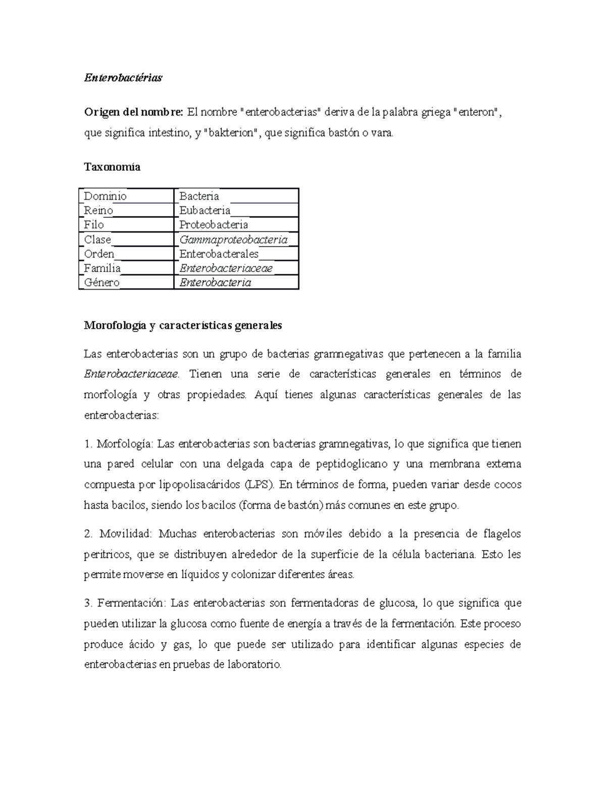 Resumen sobre Enterobacterias y sus características clave - Studocu