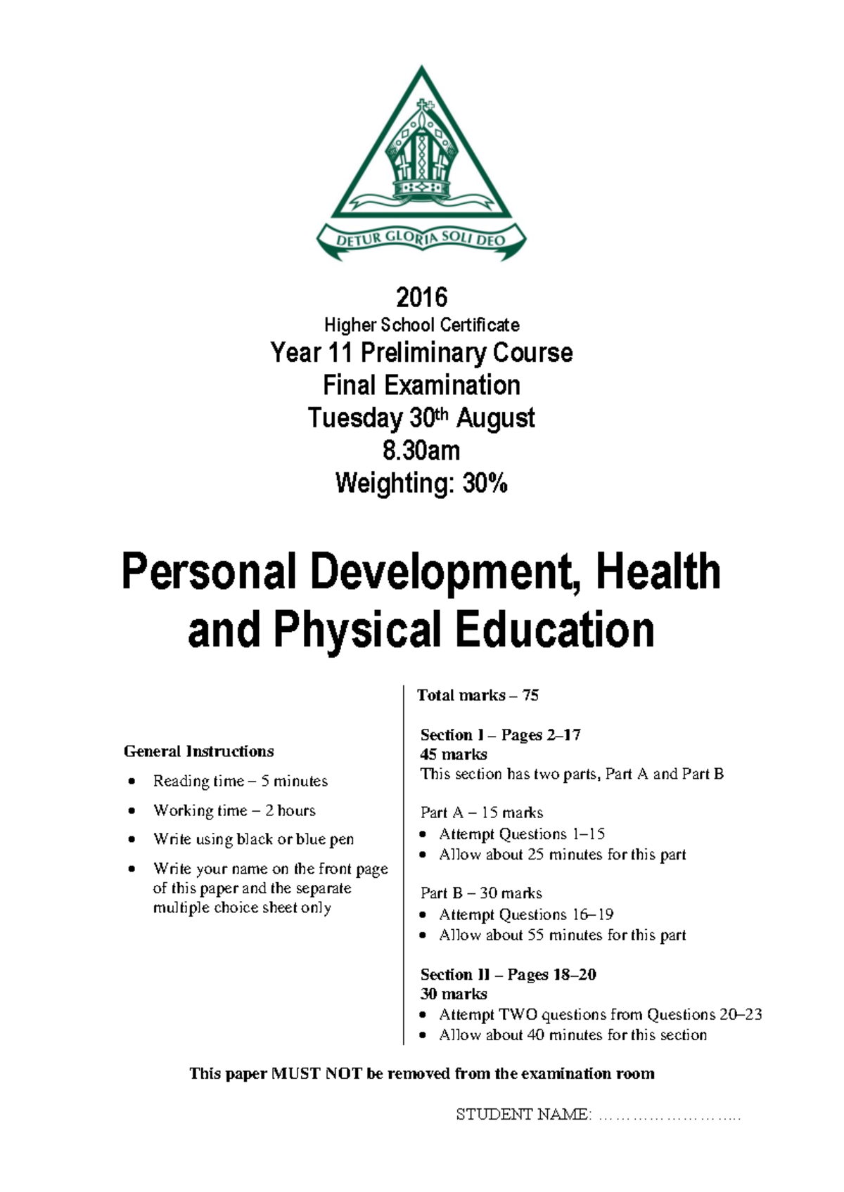 2016 PDHPE Year 11 Preliminary Course Final Exam Guide - Studocu