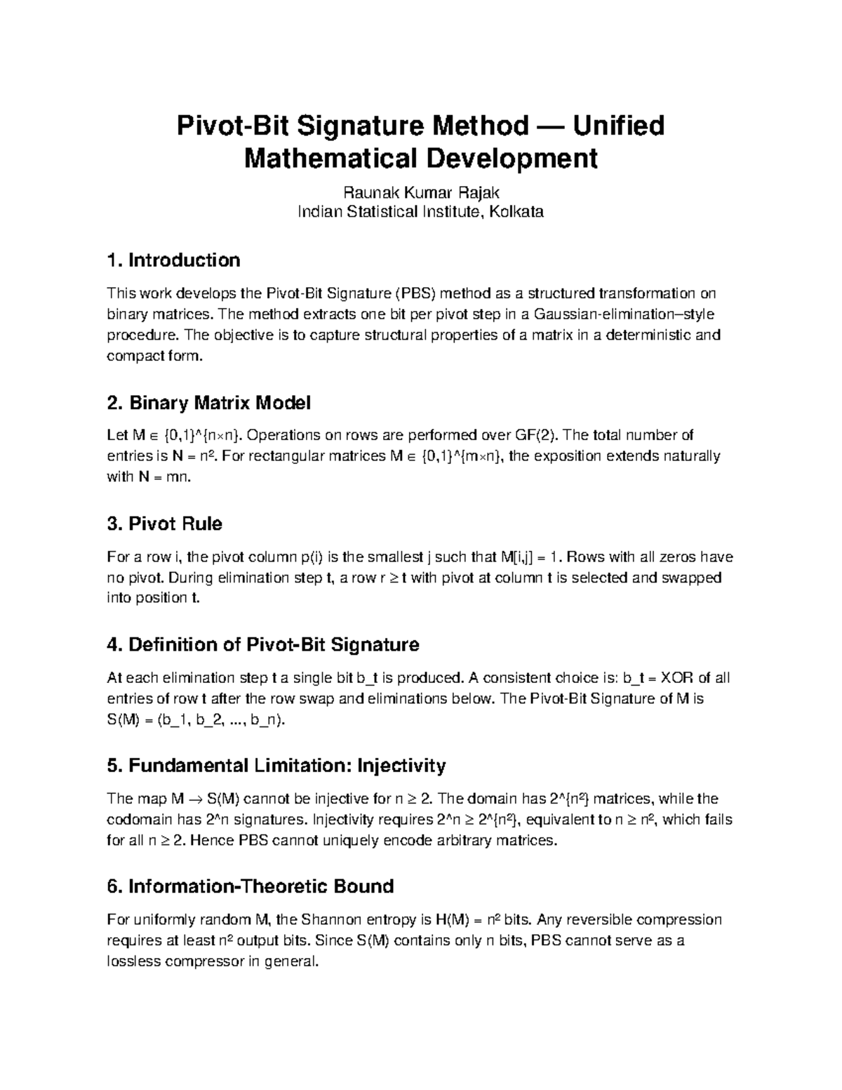 Pivot-Bit Method: Signature Transformation on Binary Matrices - Studocu
