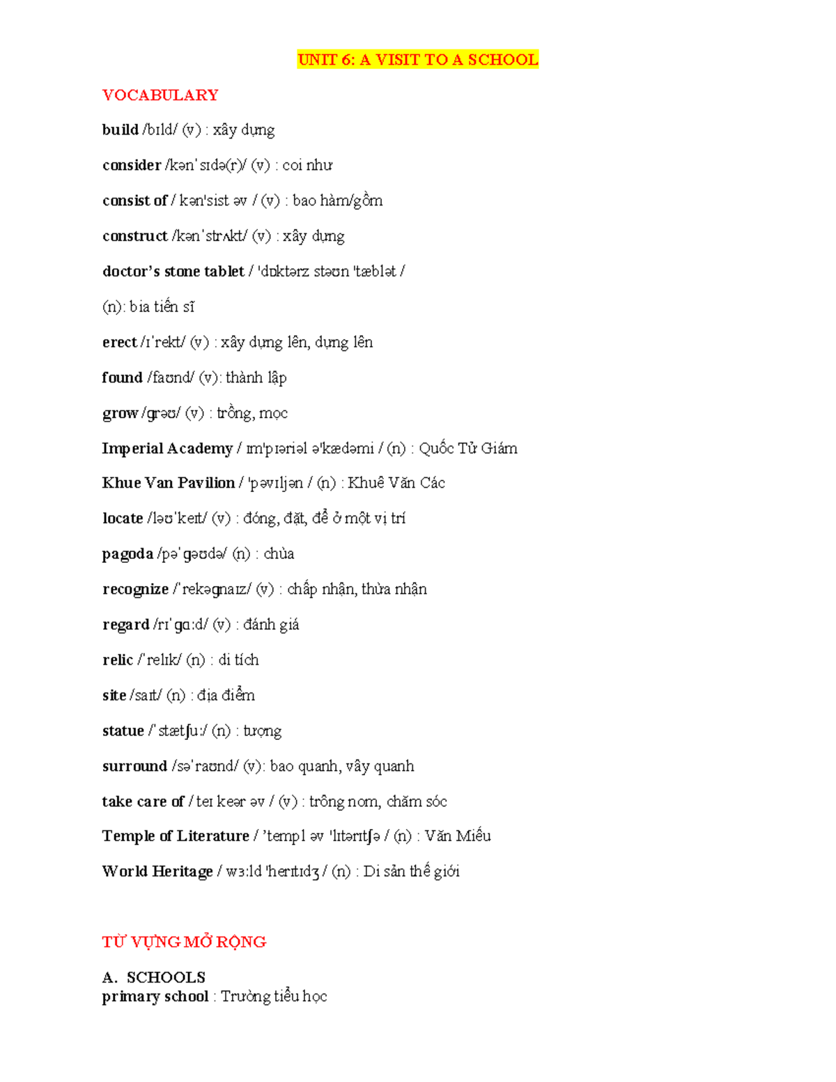 UNIT 6: VOCABULARY FOR SCHOOL VISITS AND EDUCATION TERMS - Studocu