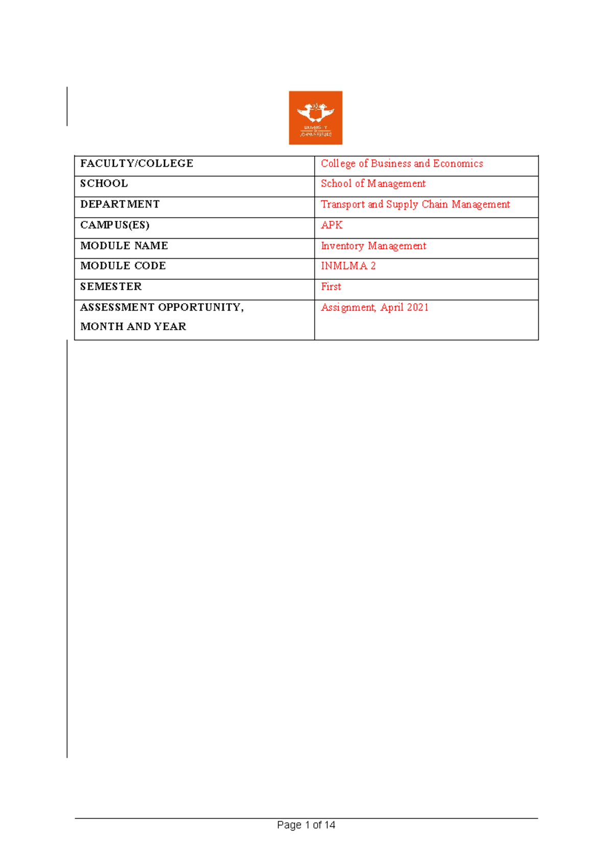 INMLMA 2 Inventory Management Assignment Memo - April 2021 - Studocu