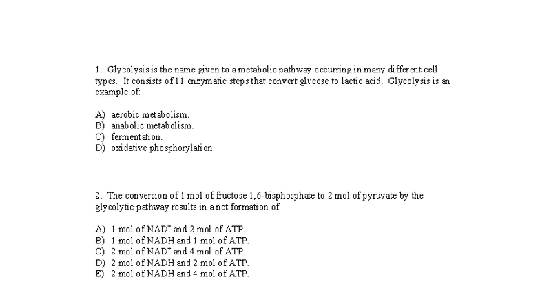 Chapter 14, 16, 19 Study Guide: Glycolysis & Metabolic Pathways 410 F ...