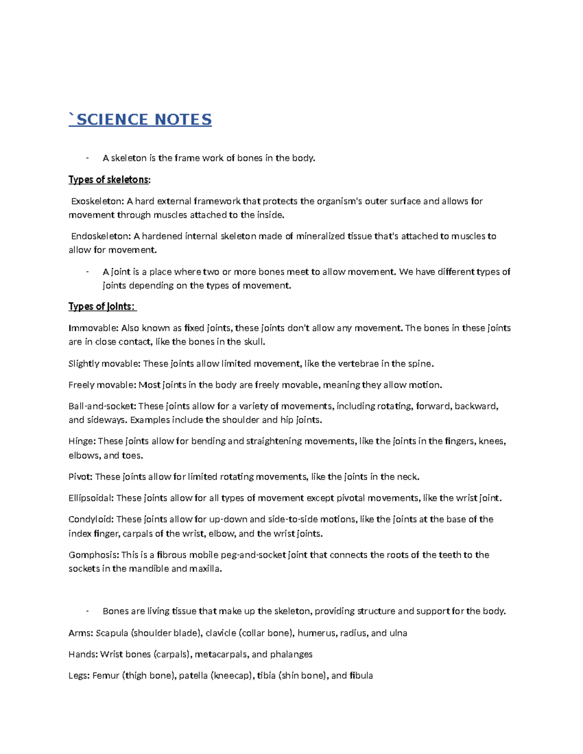 Bones AND Muscles - Science Notes - `SCIENCE NOTES A skeleton is the ...