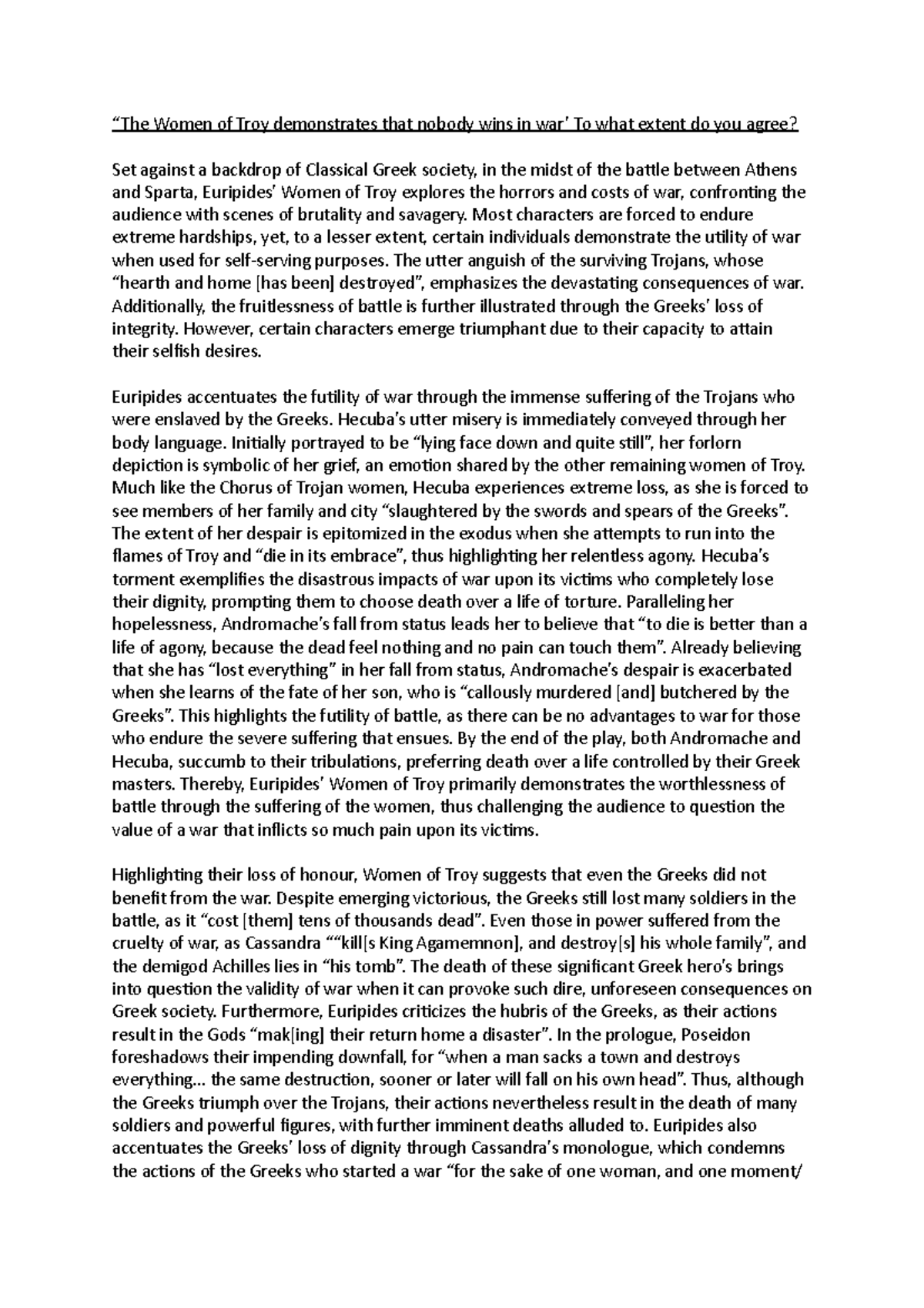 Euripides 'Women of Troy' Essay: Exploring the Tragedy of War - Studocu