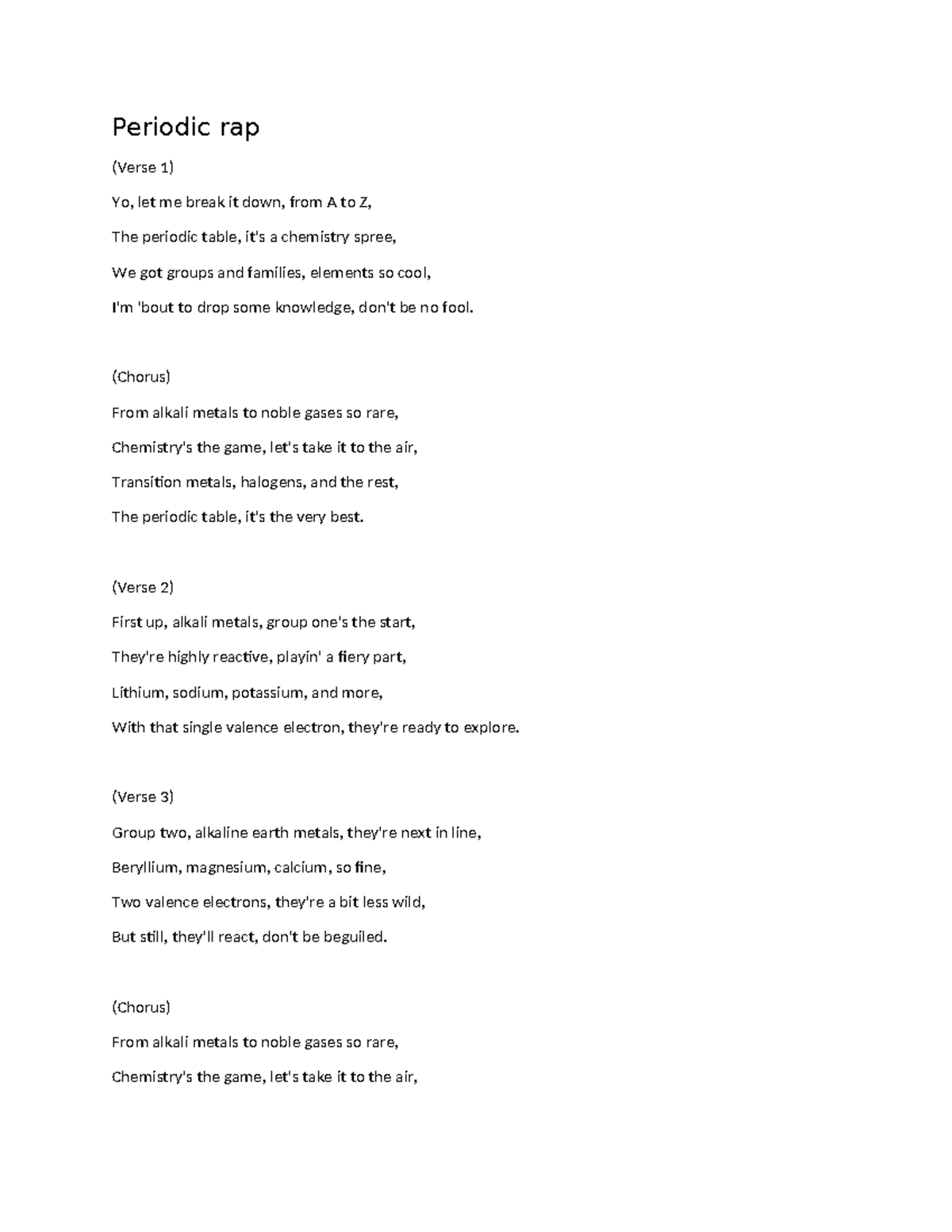 Perodic rap - Math - Periodic rap (Verse 1) Yo, let me break it down ...