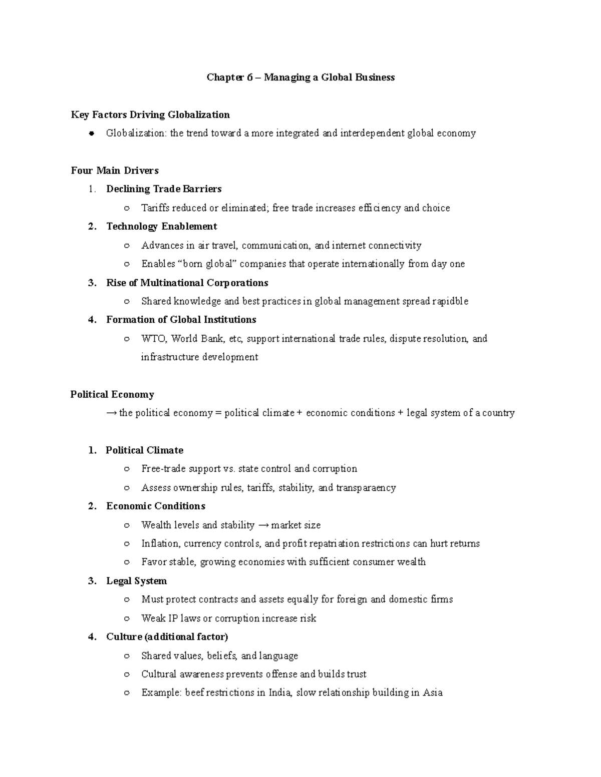 Chapter 6: Managing a Global Business - Key Factors Driving ...