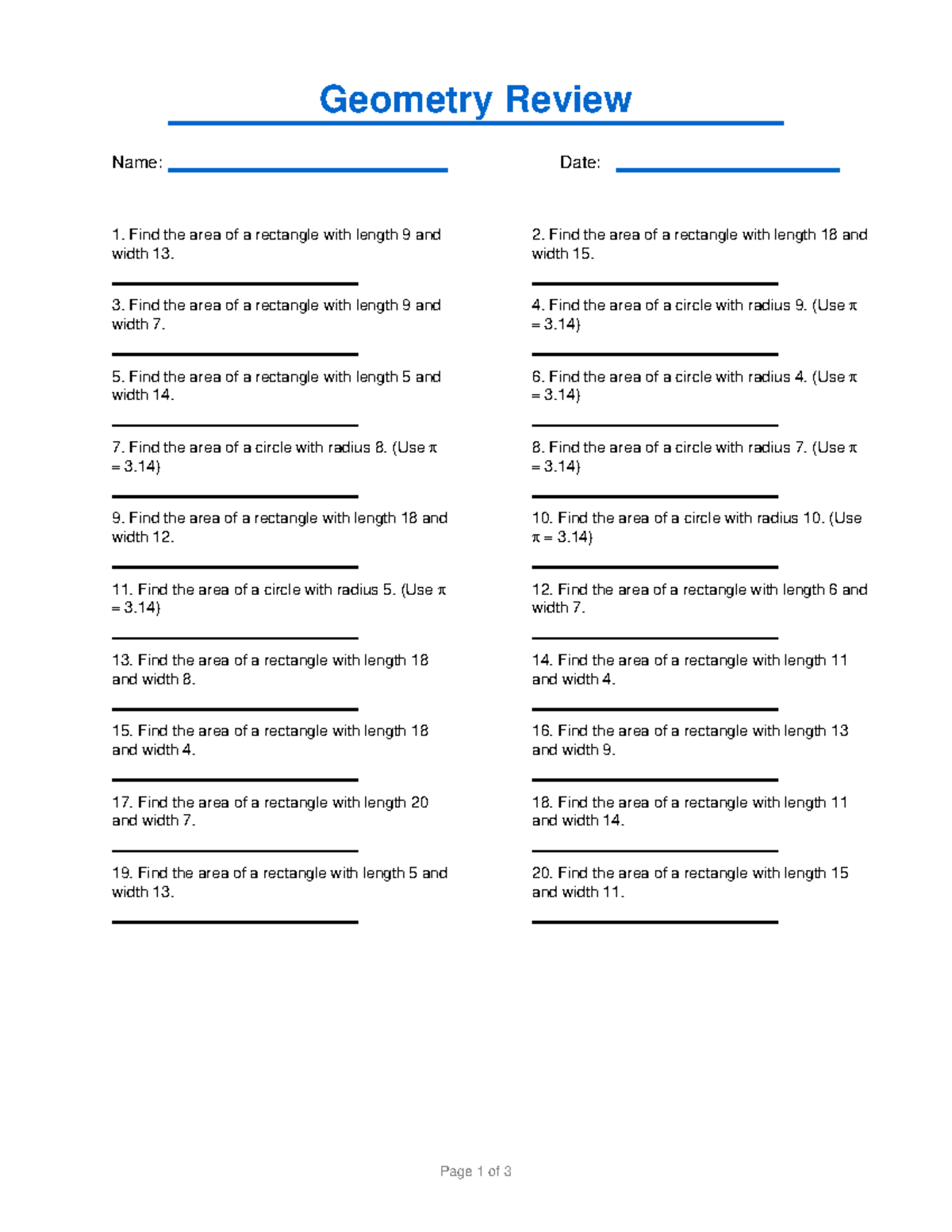 Geometry Review Worksheets for Area Calculations - Studocu