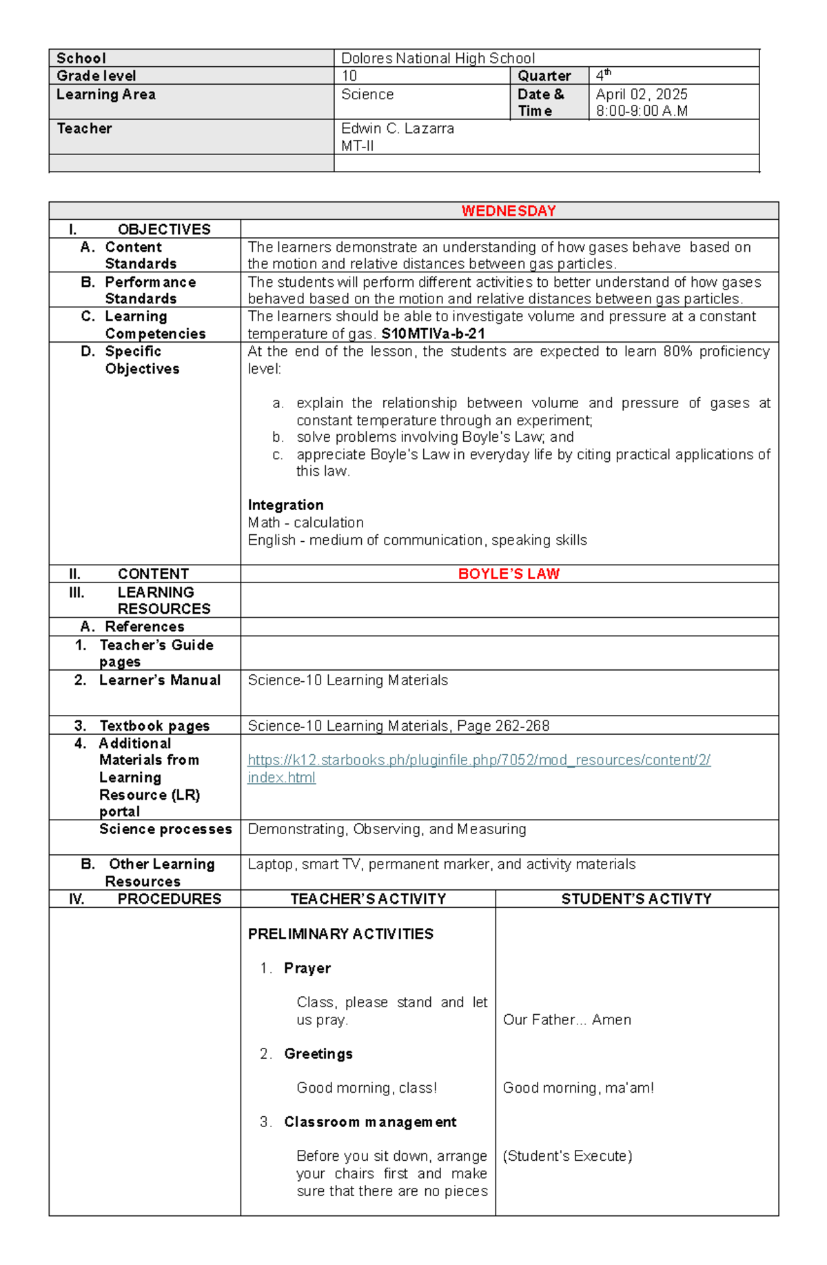 Lesson Plan: Science 10 - Understanding Gas Behavior and Boyle's Law ...