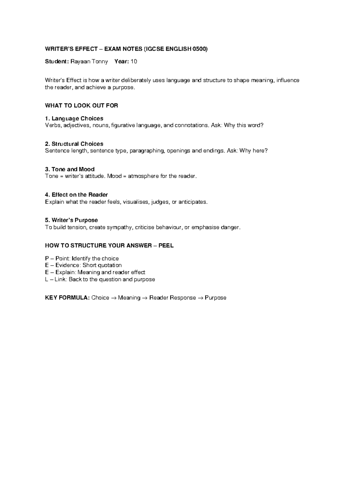 Writers' Effect Exam Notes (IGCSE English 0500) - Studocu