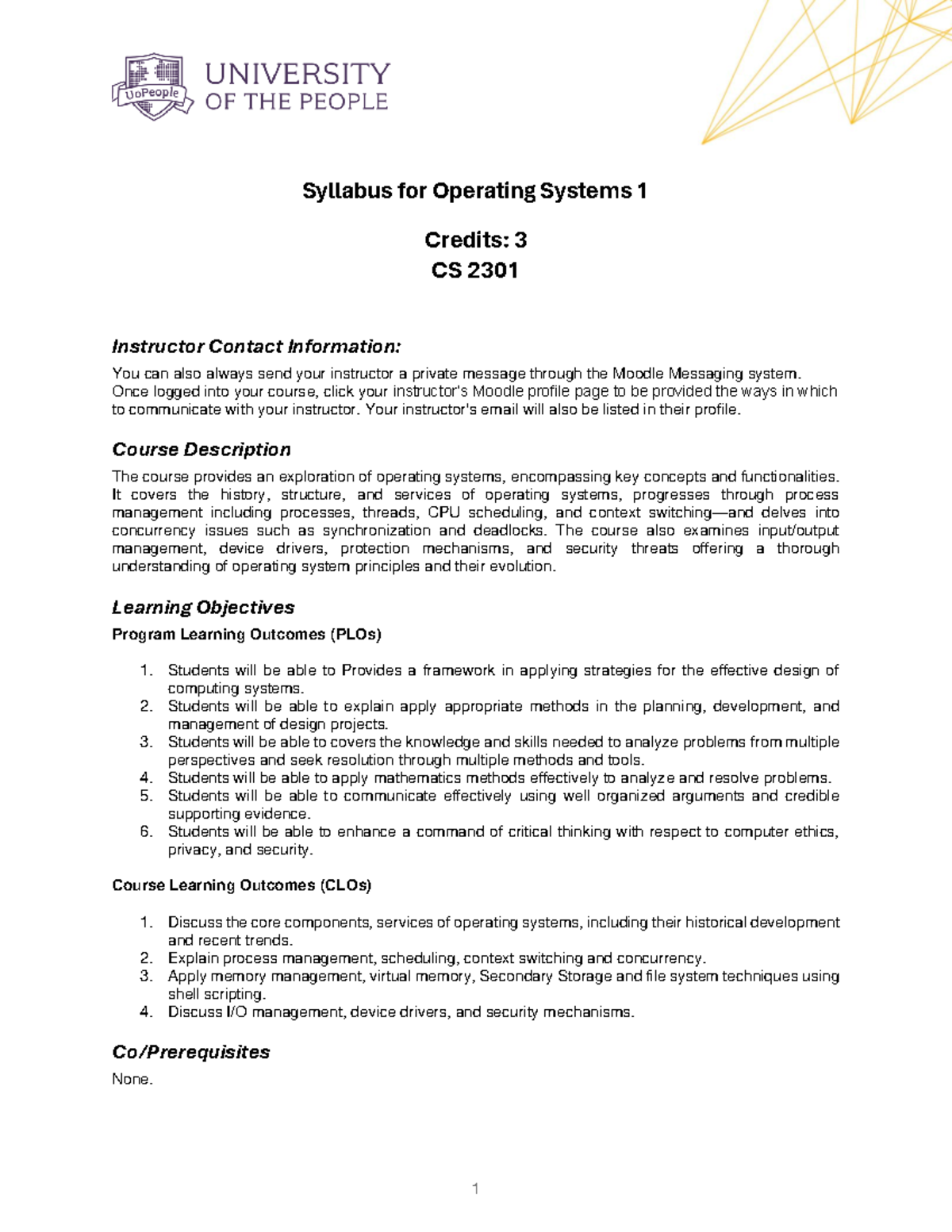 CS 2301 Operating Systems Syllabus: Course Overview & Requirements ...