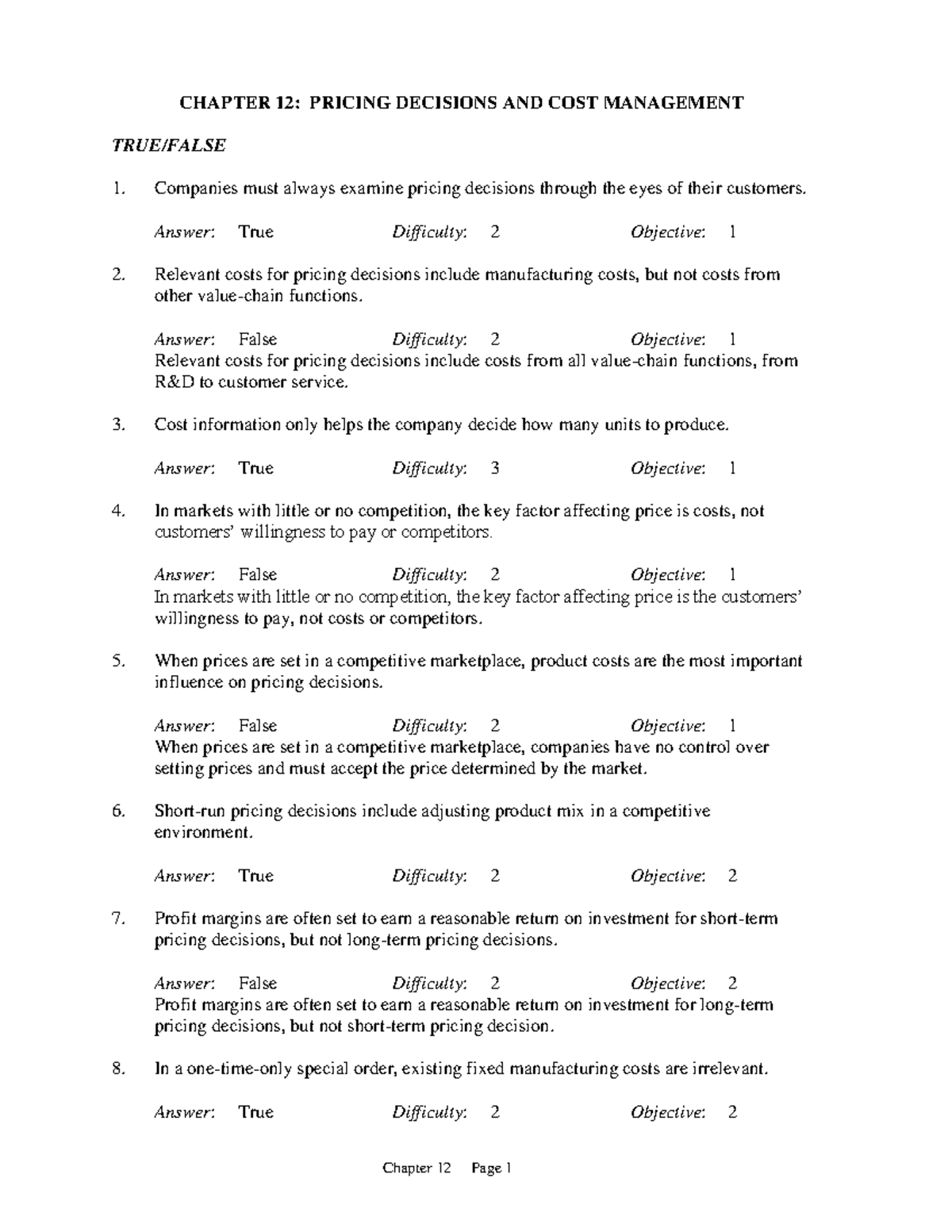 Pricing Decisions and Cost Management - Reviewer (Answers Included ...