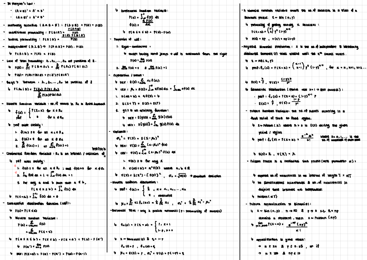 ST2334 Midterm Cheatsheet: Continuous & Discrete Random Variables - Studocu