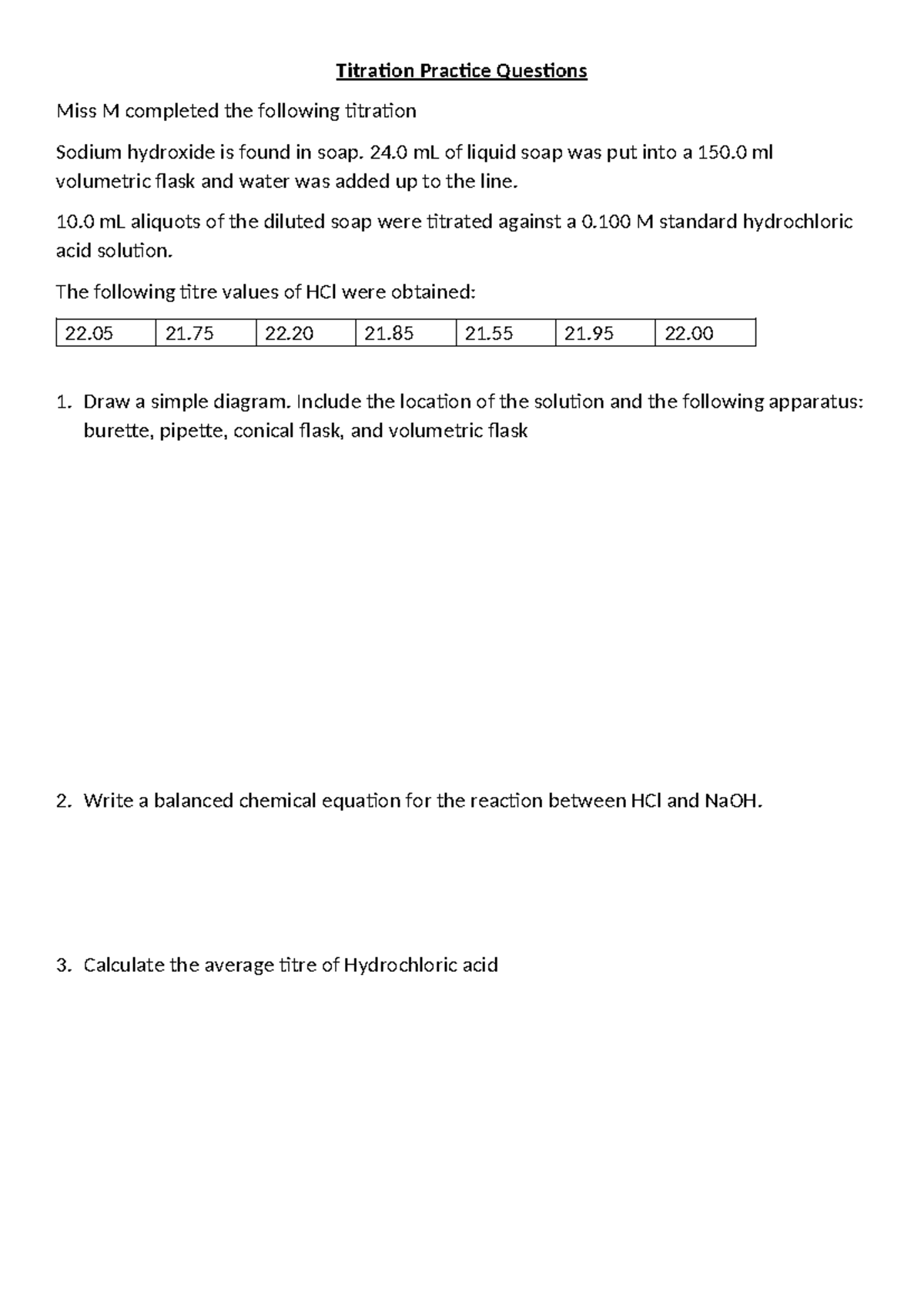 Titration SAC Practice Questions and Calculations for Chemistry - Studocu