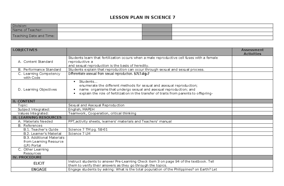 Dll sexual - lesson plan - LESSON PLAN IN SCIENCE 7 Division: Name of ...