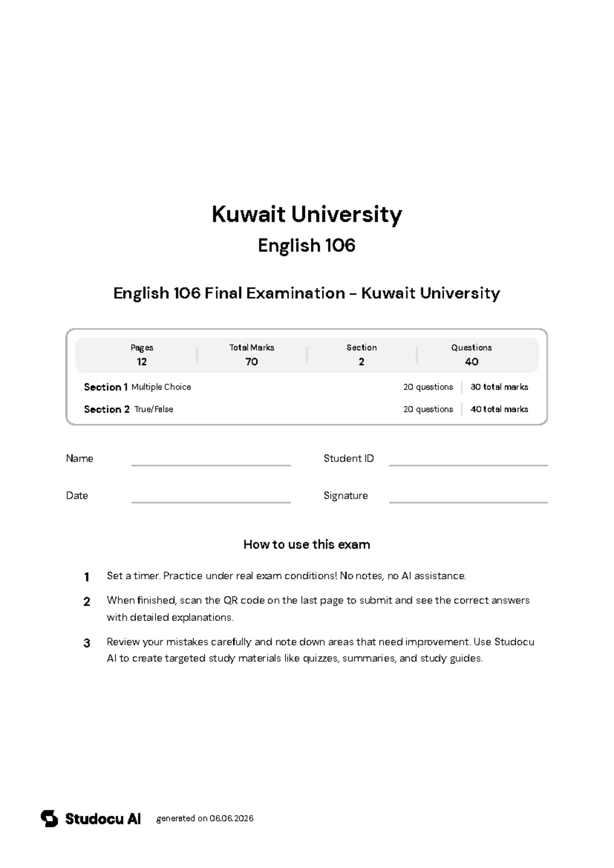 English 106 Final Exam - Kuwait University - Studocu