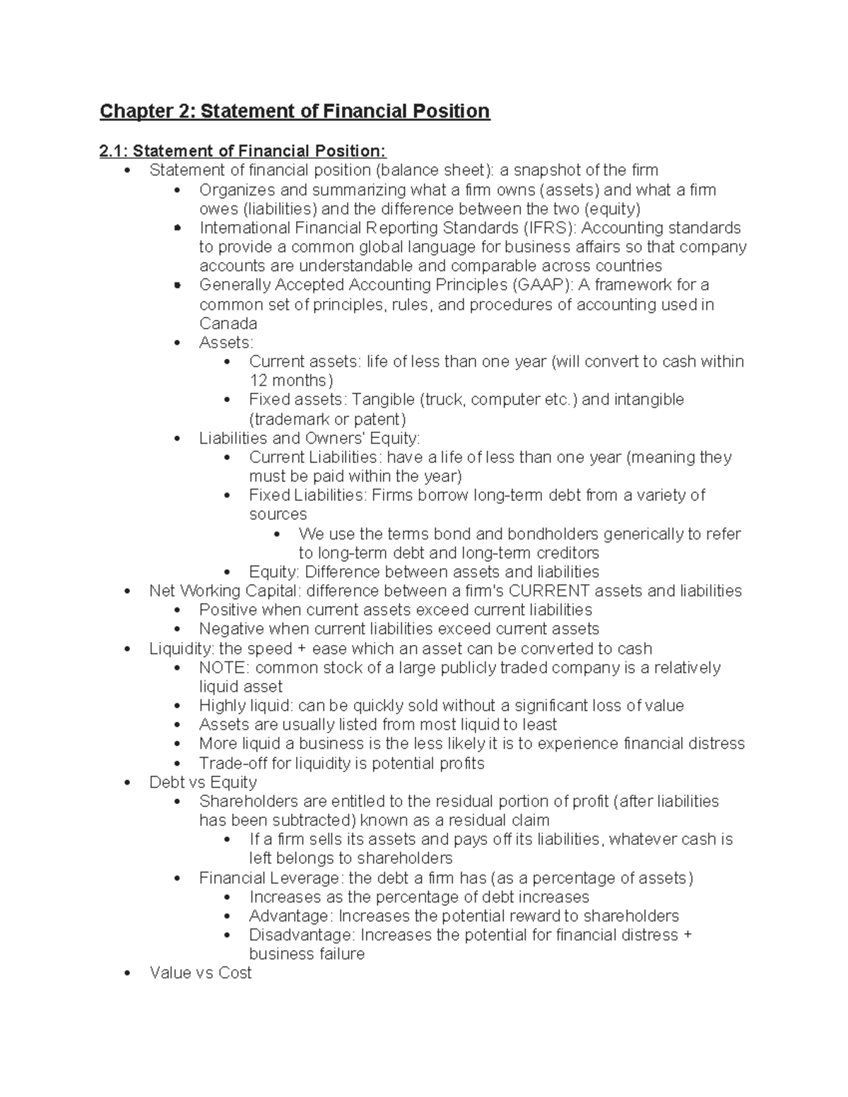 Finance 2310 Chapter 2: Statement of Financial Position Overview - Studocu