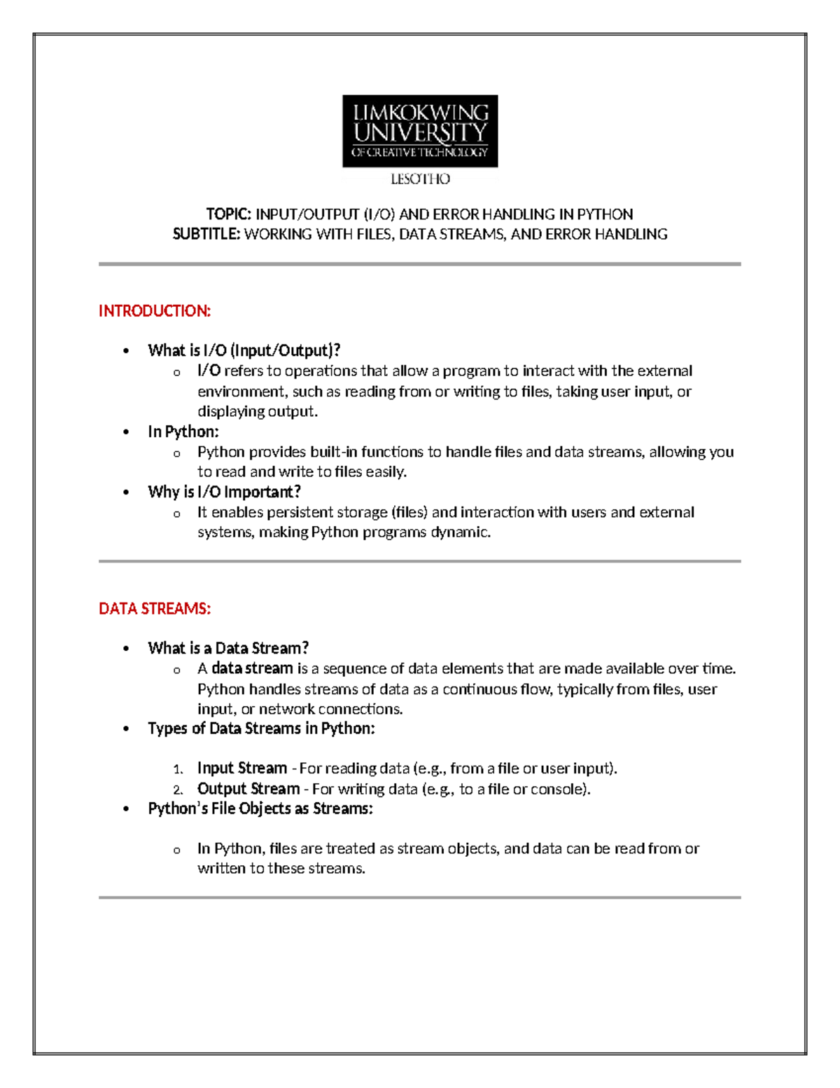 I/O and Error Handling in Python: Files, Streams, and Practices - Studocu