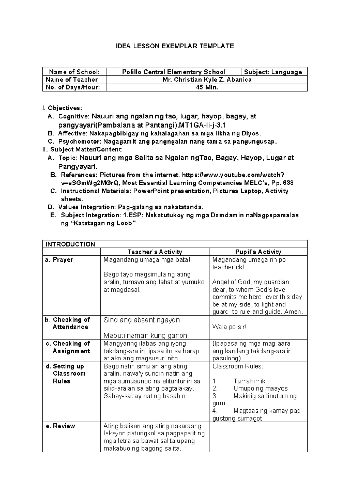 Mock DEMO LP - Detailed Lesson Plan on Pangngalan (MT1GA-Ii-j-3) - Studocu