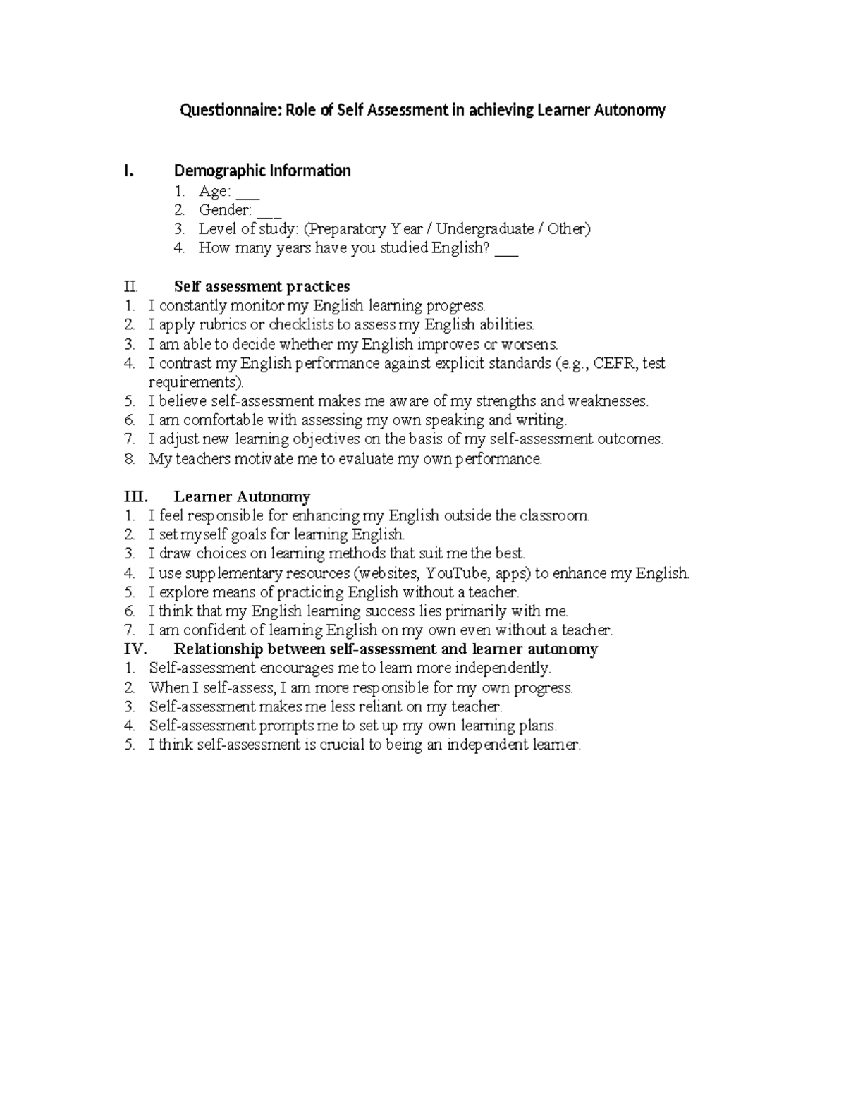 Questionnaire: Self Assessment & Learner Autonomy (VVV CCC) - Studocu