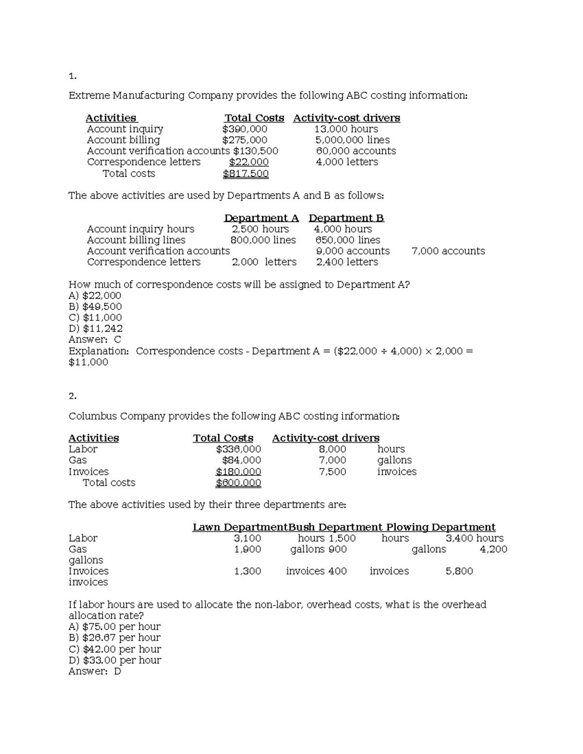 MCQs on ABC Costing – Solutions and Explanations - Studocu
