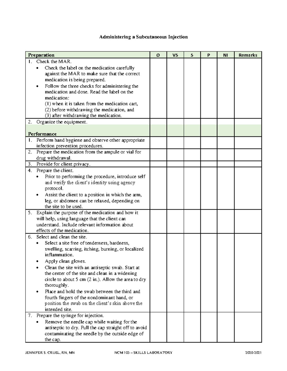 NCM 103 - Subcutaneous Injection Checklist for Skills Lab Demonstration ...