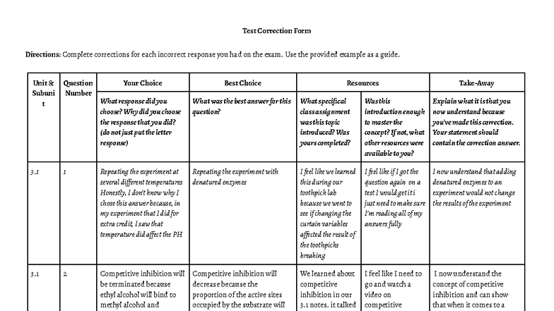 Test corrections for p bio - Google Docs - Test Correction Form ...