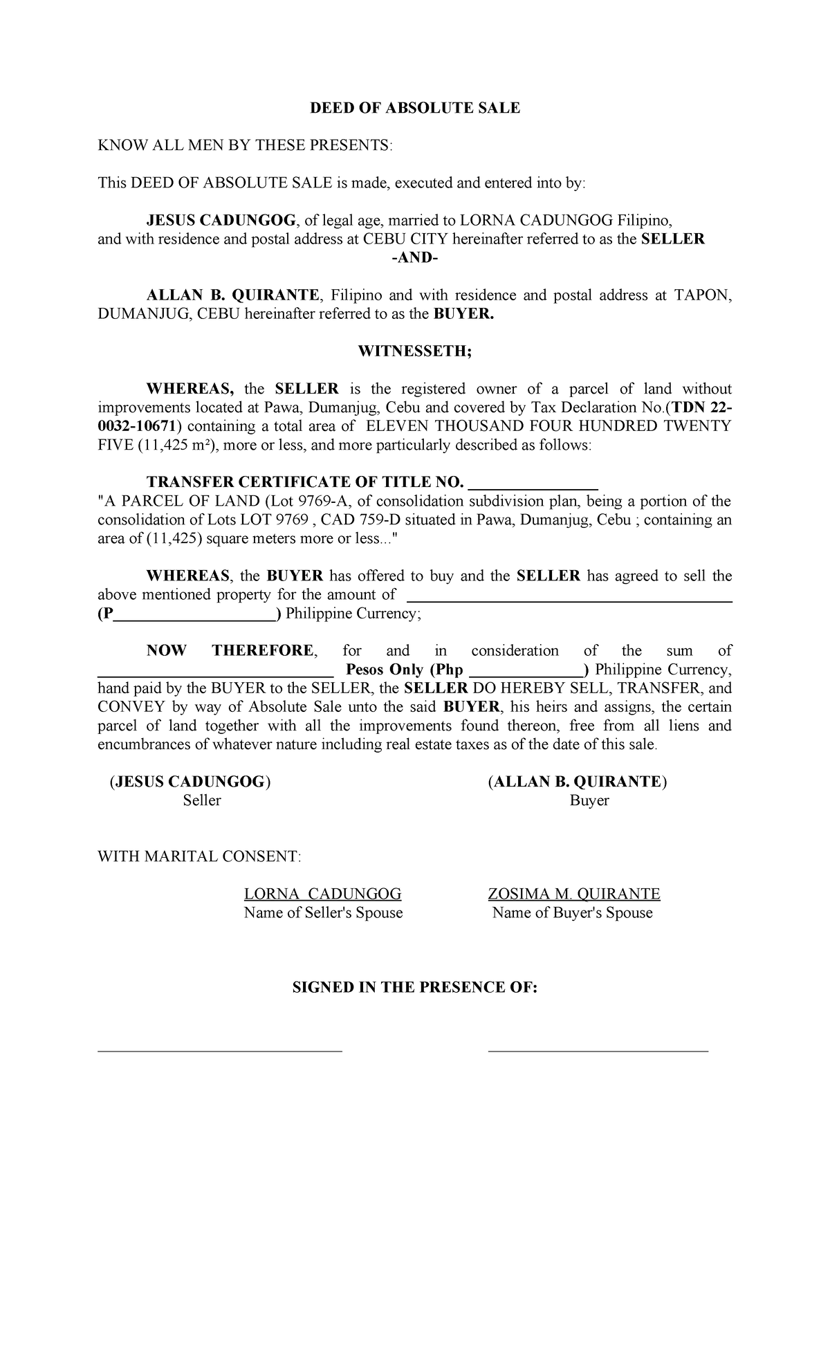 DEED OF Absolute SALE Pawa Lot - DEED OF ABSOLUTE SALE KNOW ALL MEN BY THESE PRESENTS: This DEED ...