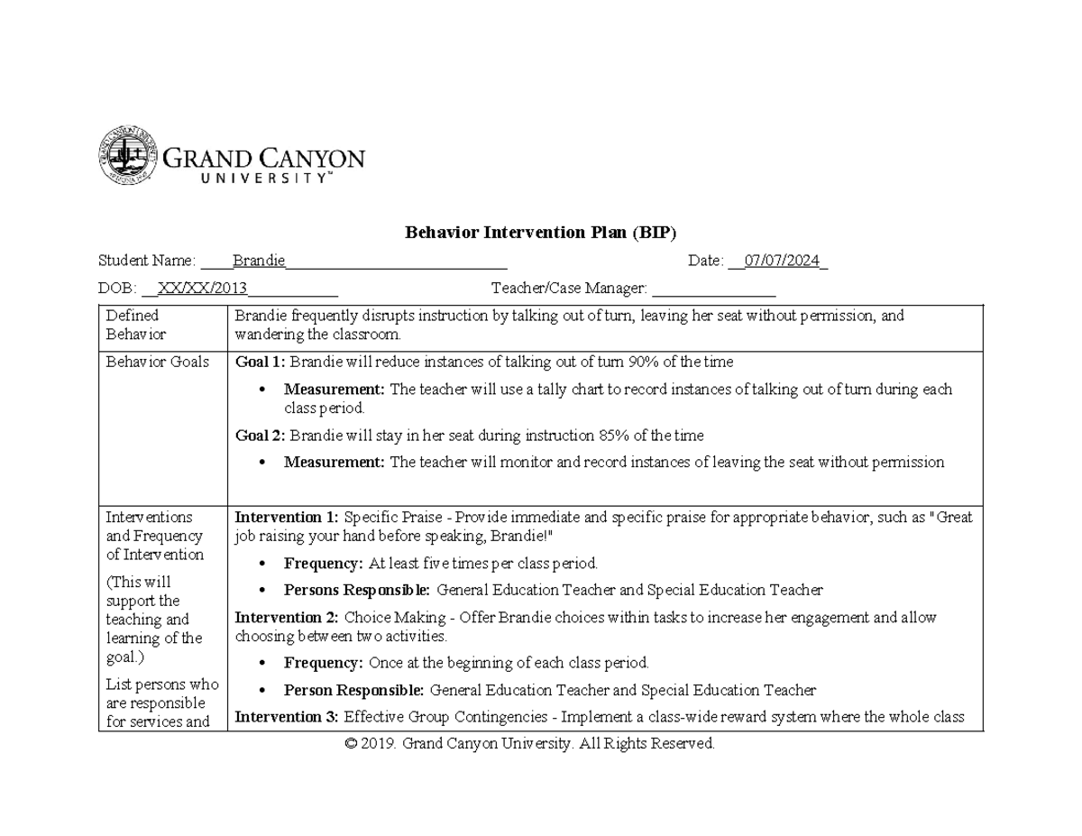 SPD-540 Behavior Intervention Plan BIP - Behavior Intervention Plan (BIP) Student Name: - Studocu