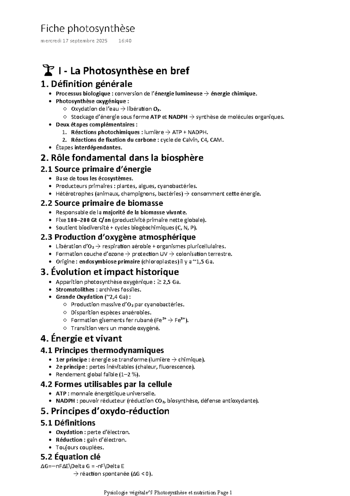 Fiche de Cours sur la Photosynthèse - Pysiologie Photosynthèse et ...