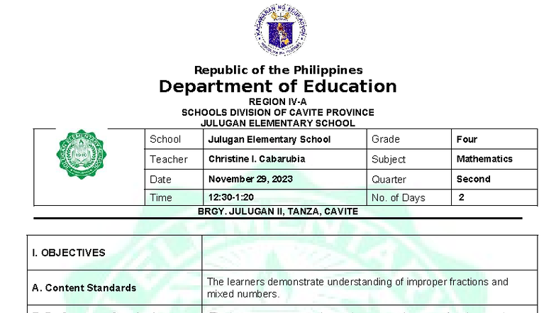 Q2 MATH 4 WEEK 4 DLP: Changing Mixed Numbers to Improper Fractions ...