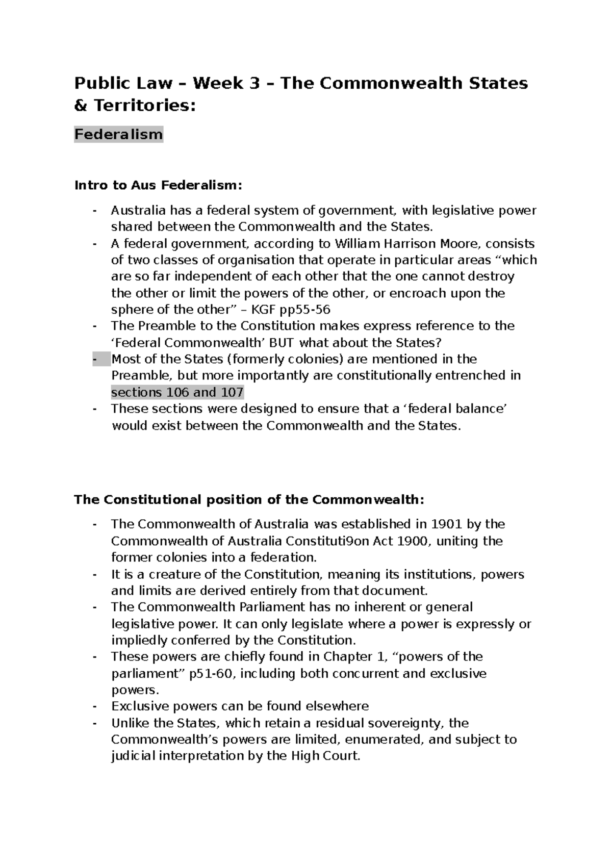 Public Law Week 3: Federalism and the Commonwealth States - Studocu