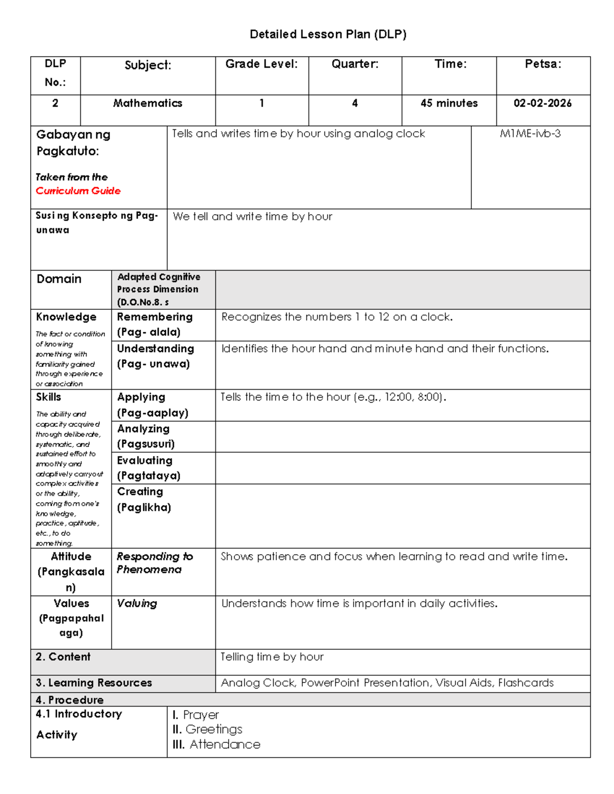DLP Mathematics 1: Telling Time by Hour Lesson Plan - Studocu