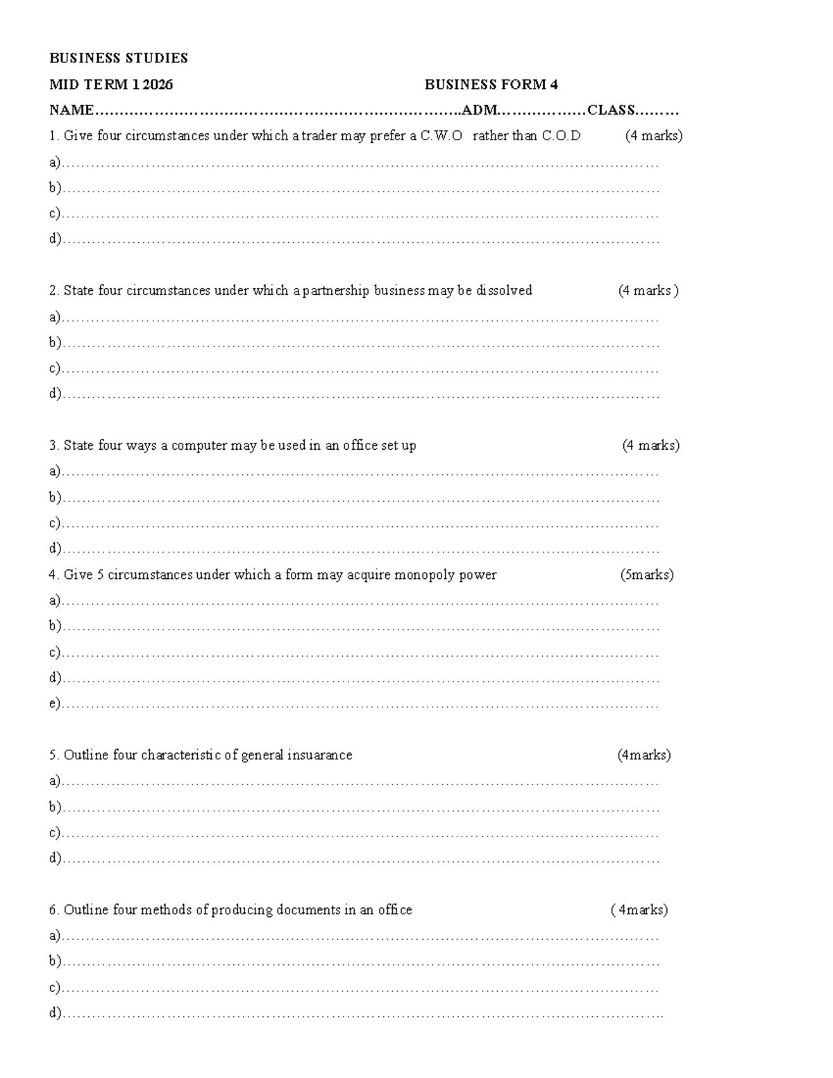 2026 Business Studies F4 Mid Term 1 Question Set - Studocu