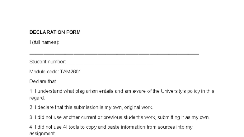 TAM2601 Declaration Form: Plagiarism Acknowledgment 2025 - Studocu